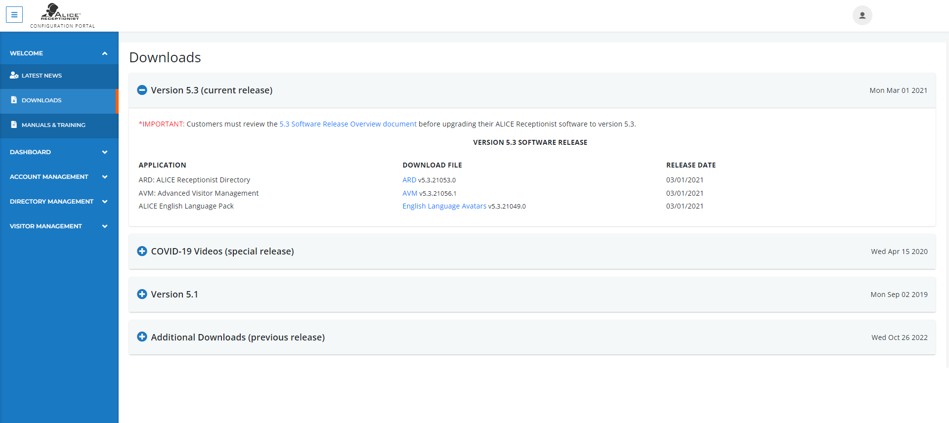 ALICE Portal Downloads Section