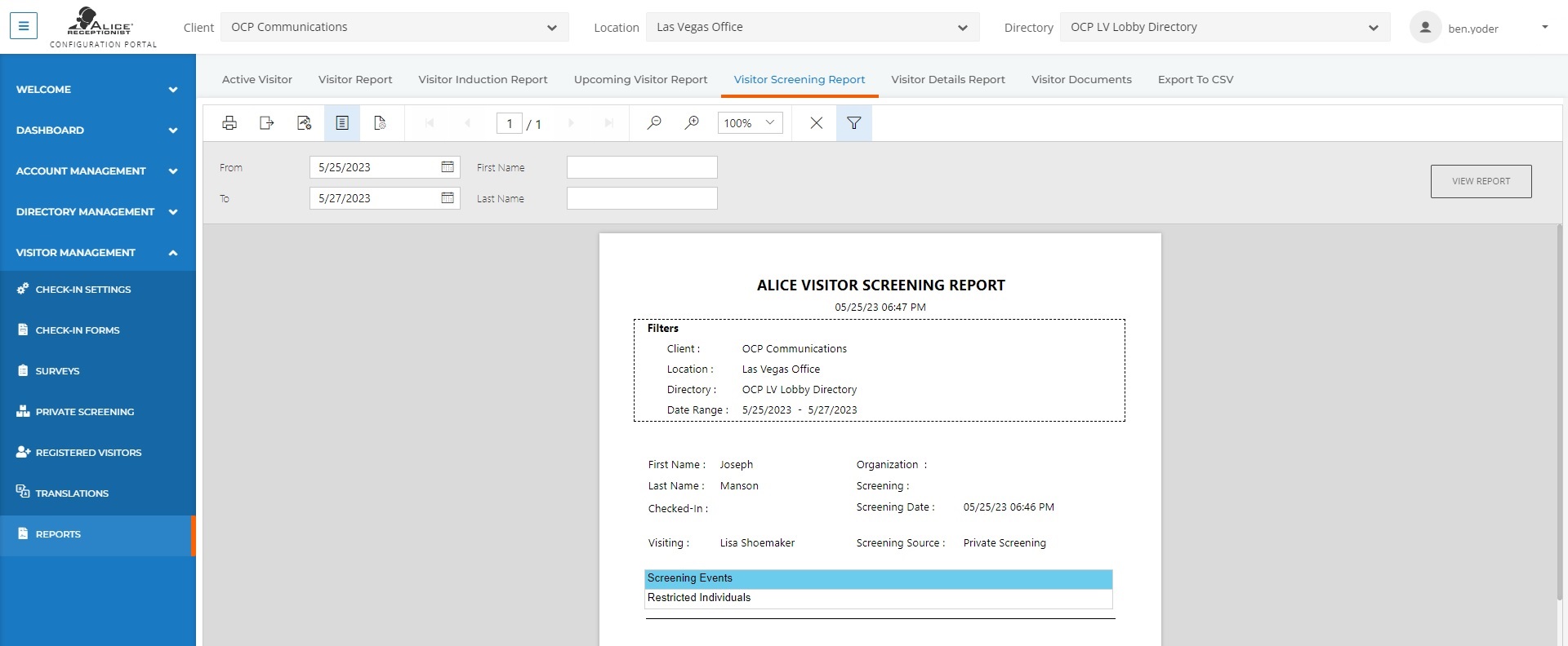ALICE Portal Visitor Screening Reports